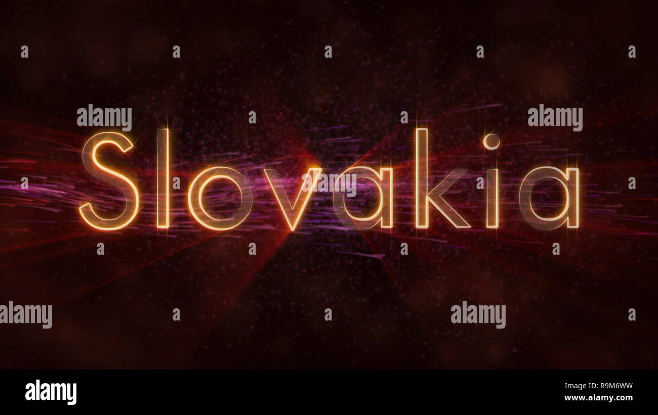 Slovakia - Shiny rays on edge of country name text over a background ...