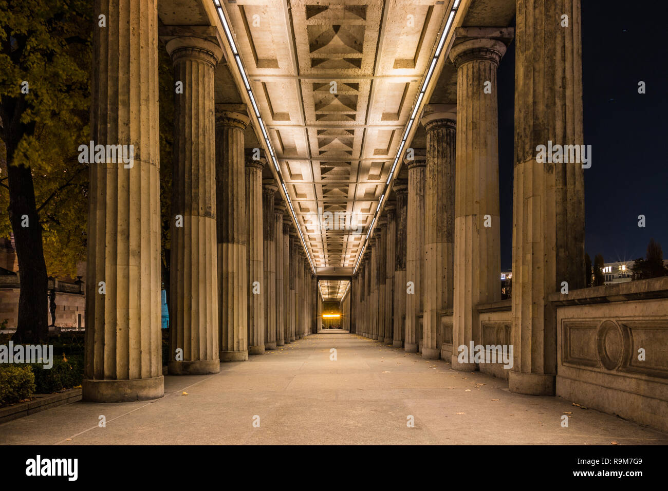 Arcade of the National Gallery at night. Neoclassical building in ...