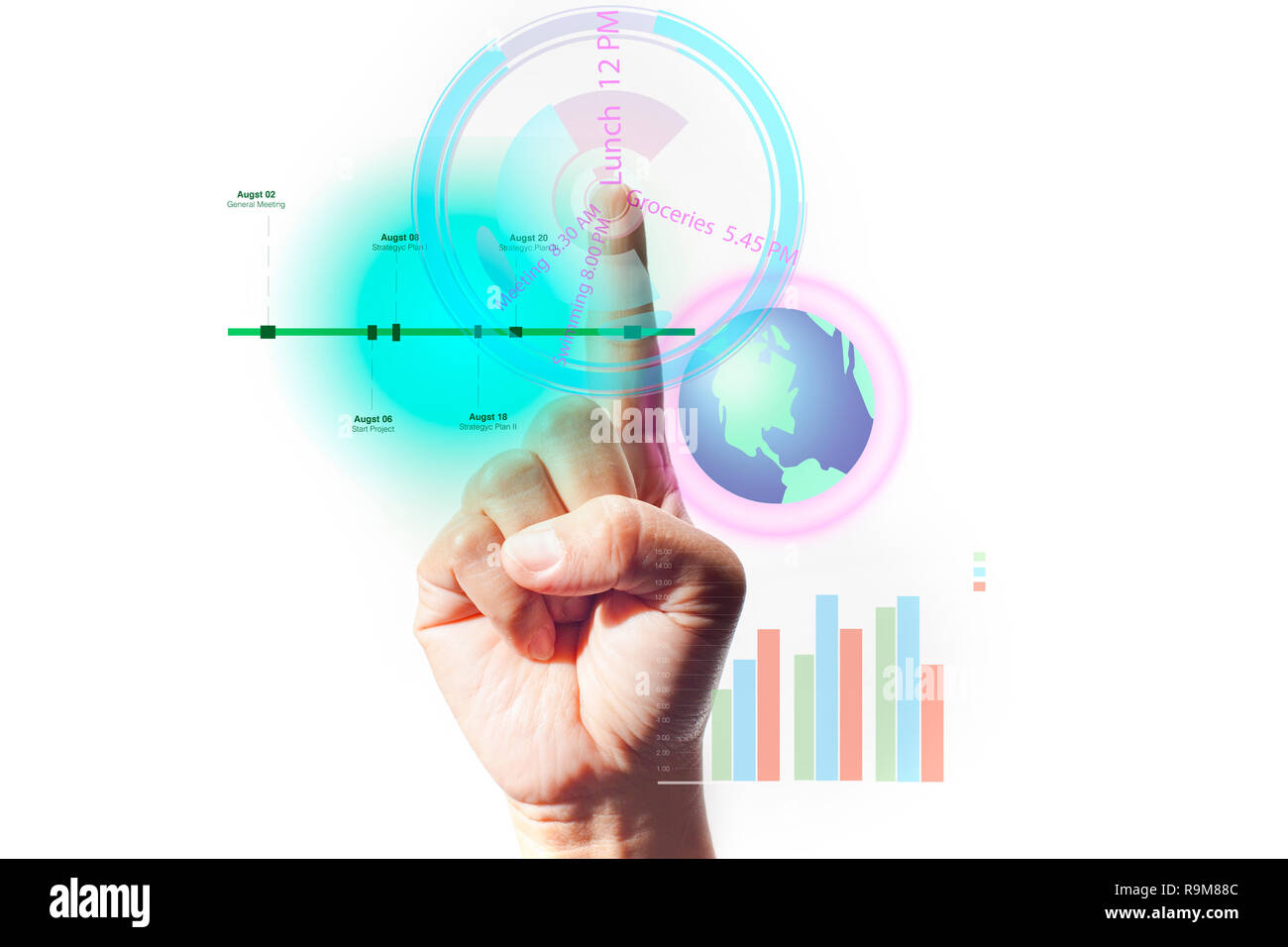 Punctuality using technology in digital world. Finger touching ...