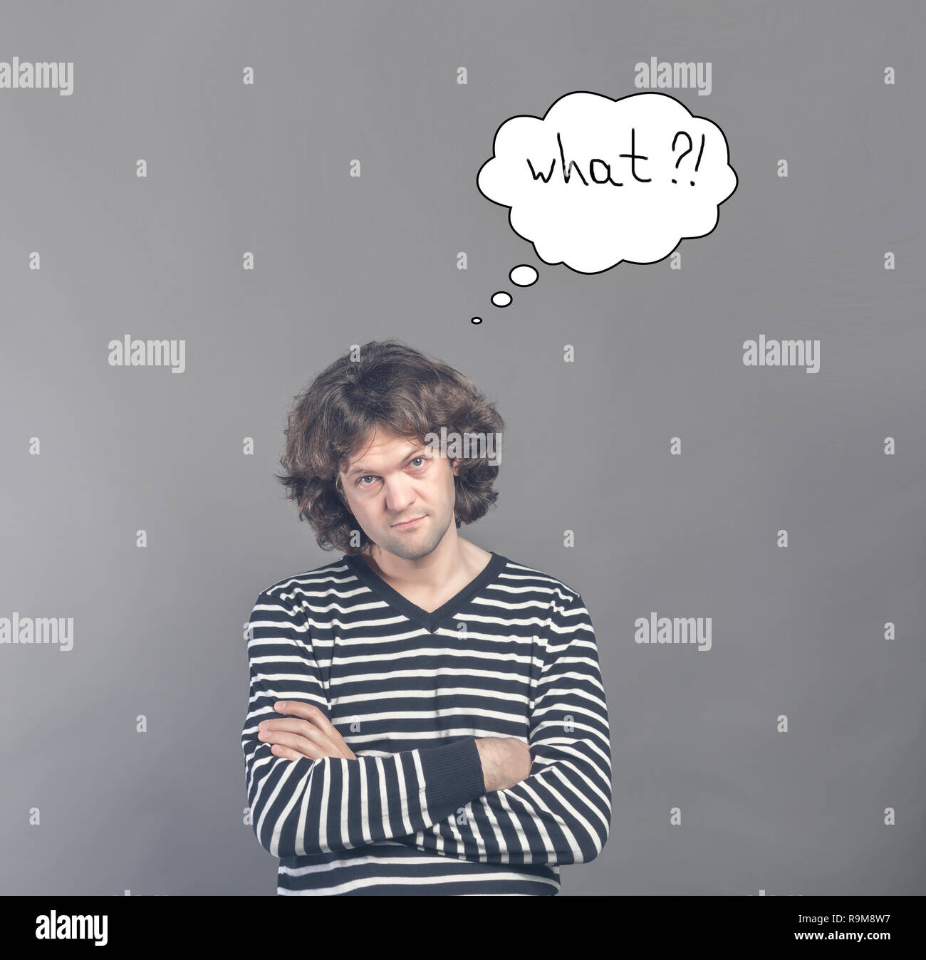 Skeptical man looking suspicious and questionable with drawn cloud of ...