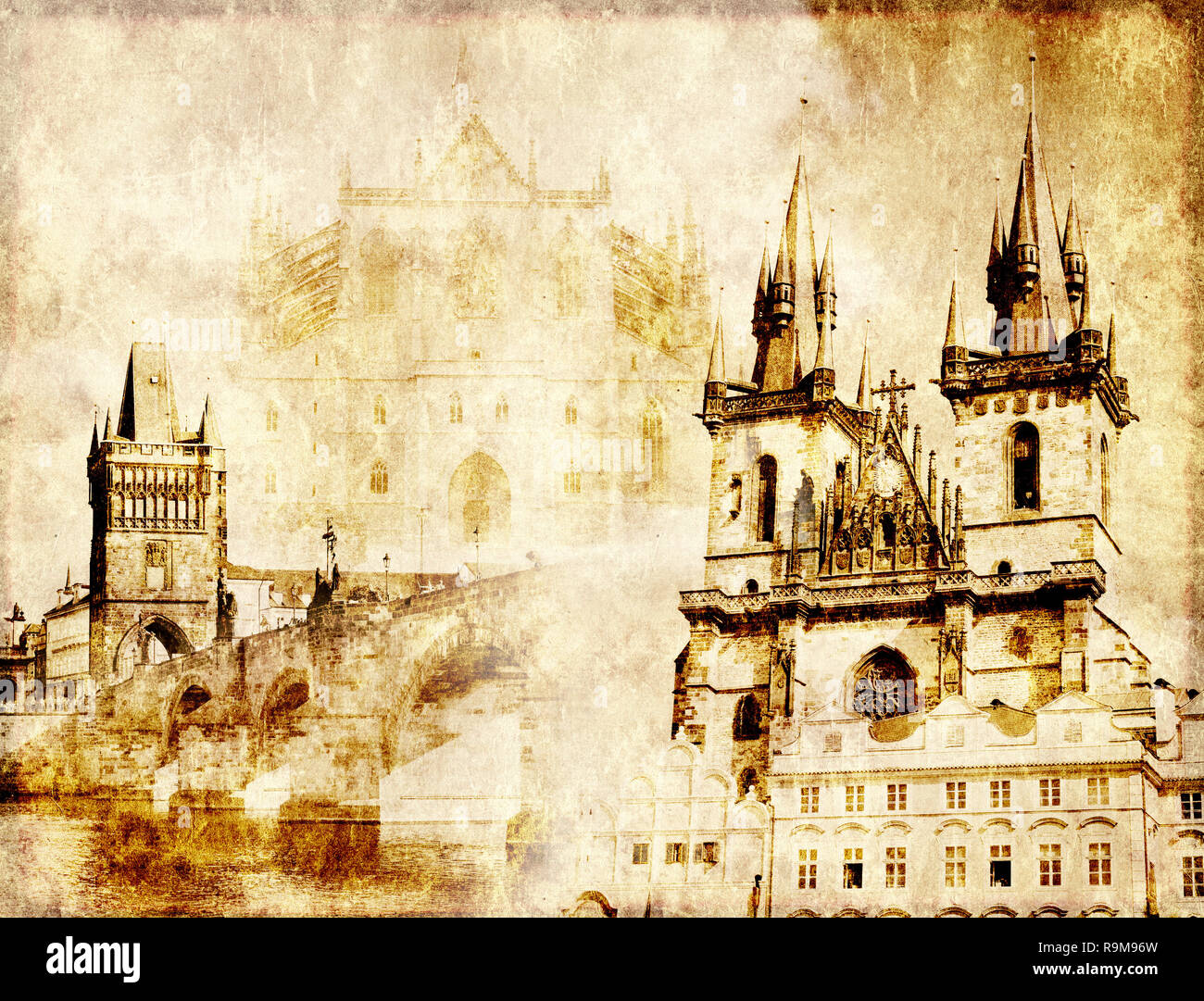 Grunge background with paper texture and landmarks of Czech Republic ...