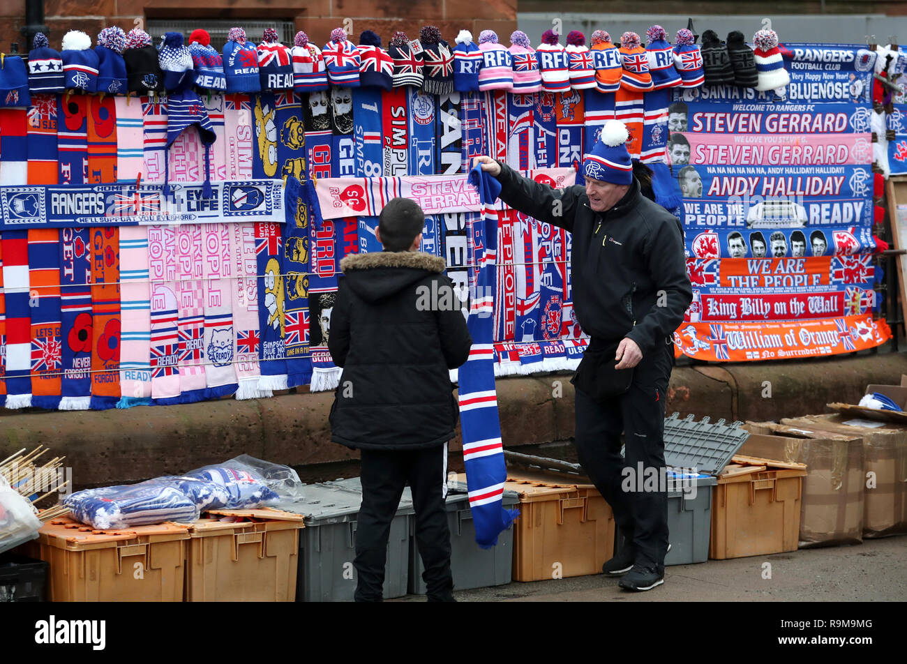 Merchandise stalls outside the stadium before the Scottish Premiership ...