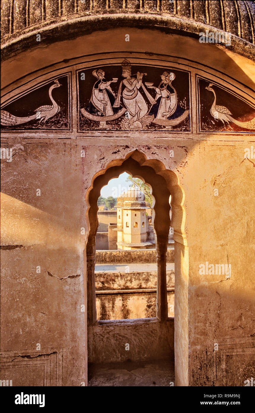 detail of frescoes with peacocks and Krishna on the walls of Ram Poddar ...