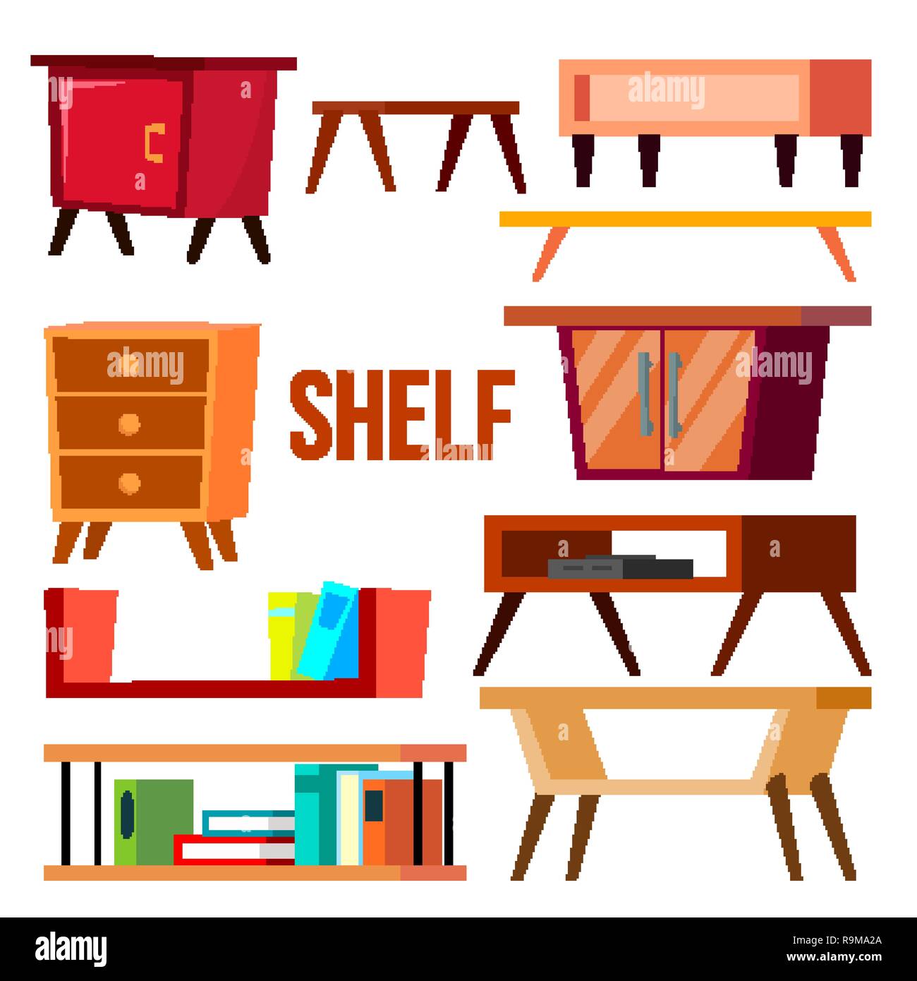 Home Shelf Set Vector. Interior Furniture Objects. Wooden Storage ...