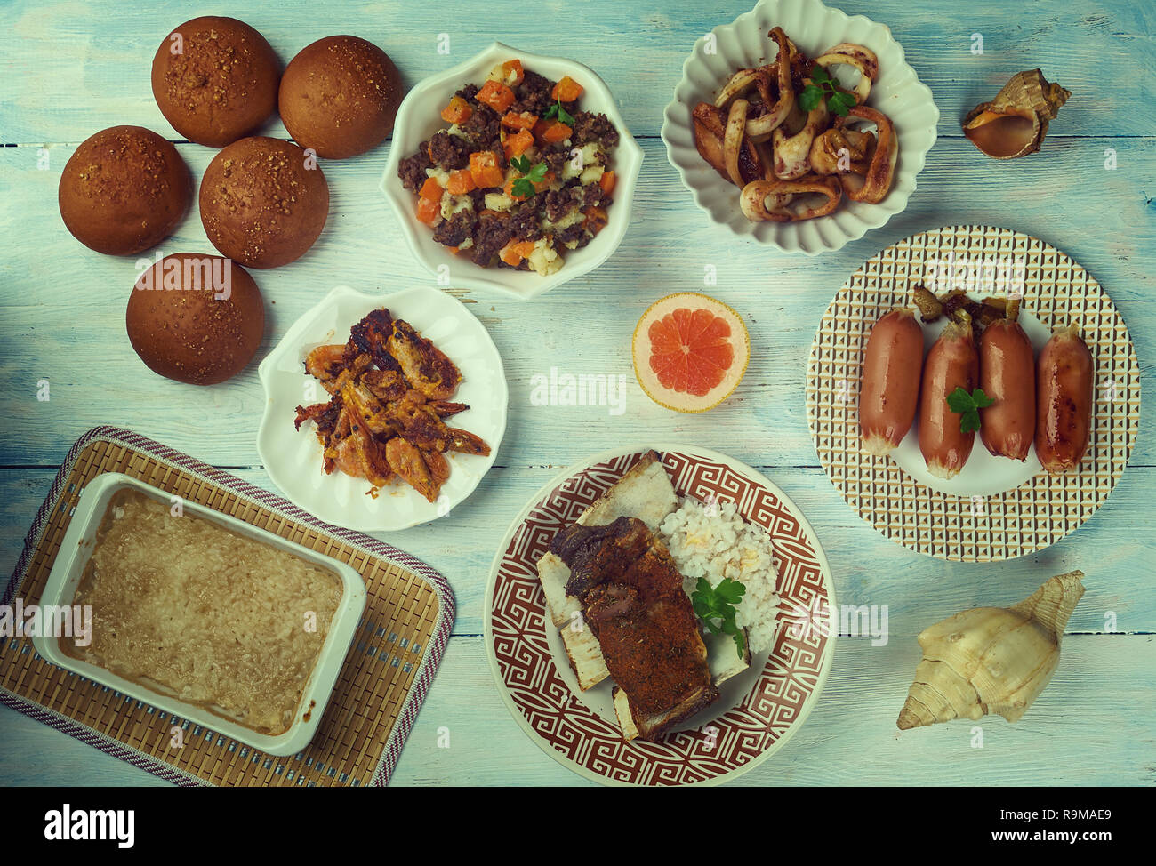 Filipino cuisine, Traditional assorted dishes, Top view Stock Photo - Alamy