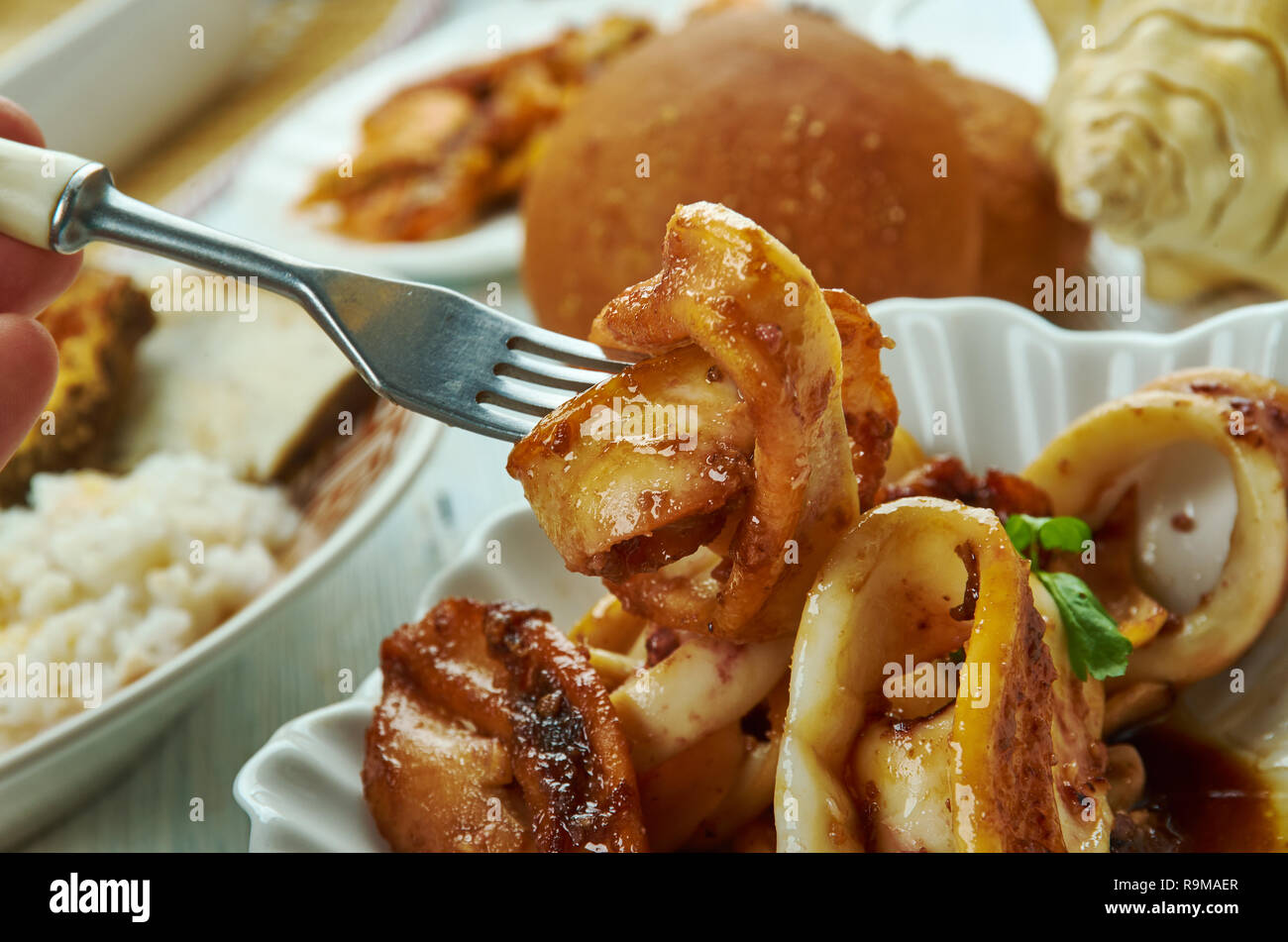 Adobong Pusit , Squid Adobo, Filipino cuisine, Traditional assorted ...