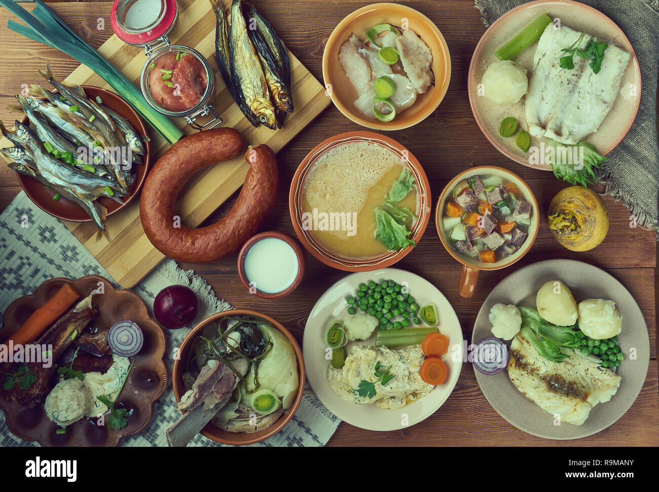 Norwegian cuisine, Traditional assorted dishes, Top view Stock Photo ...