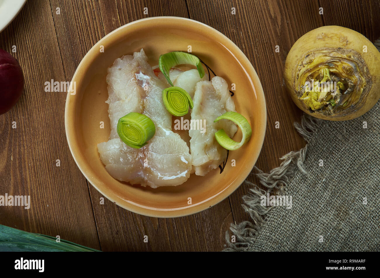 Gammelsei, salty pollock. Norwegian cuisine, Traditional assorted ...