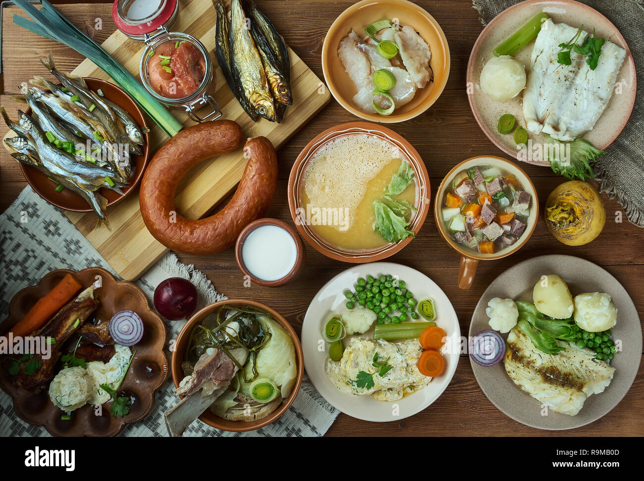 Norwegian cuisine, Traditional assorted dishes, Top view Stock Photo ...