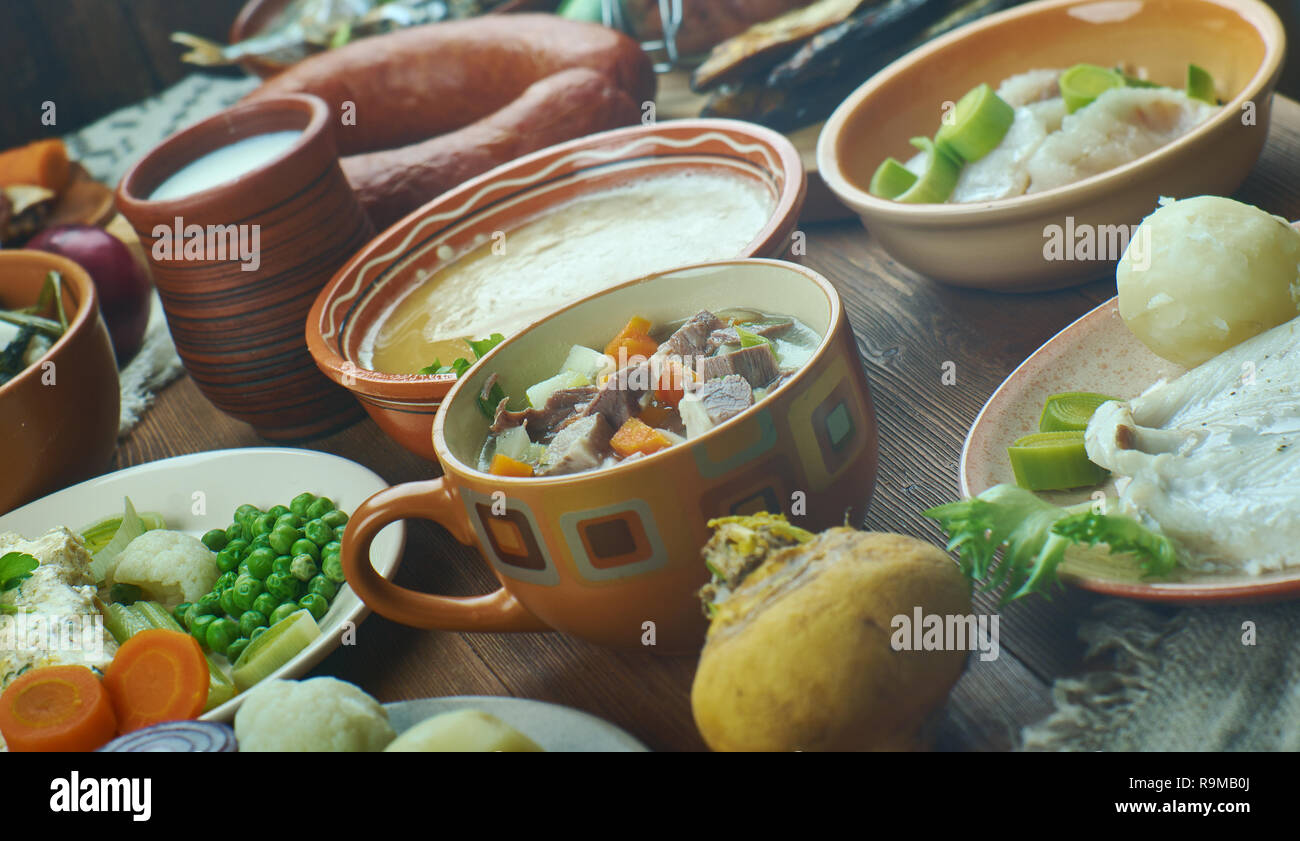 Norwegian cuisine, Traditional assorted dishes, Top view Stock Photo ...