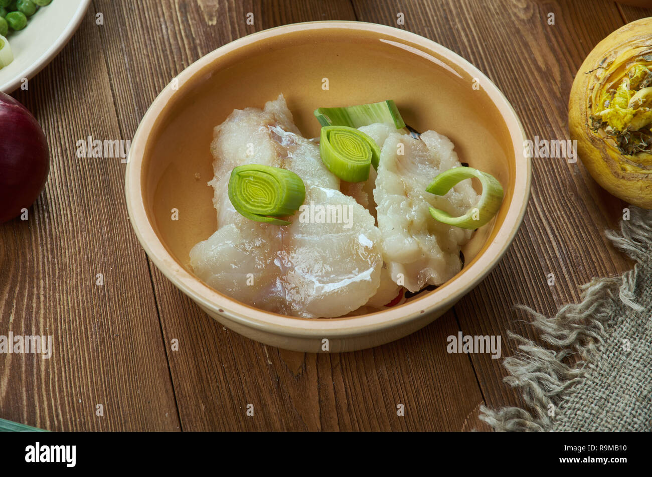 Gammelsei, salty pollock. Norwegian cuisine, Traditional assorted ...