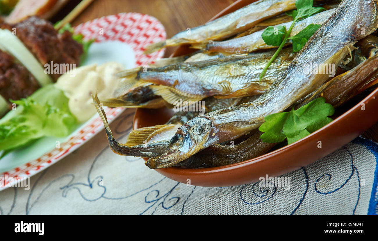 Soused herring, Dutch cuisine, Traditional assorted dishes, Top view ...