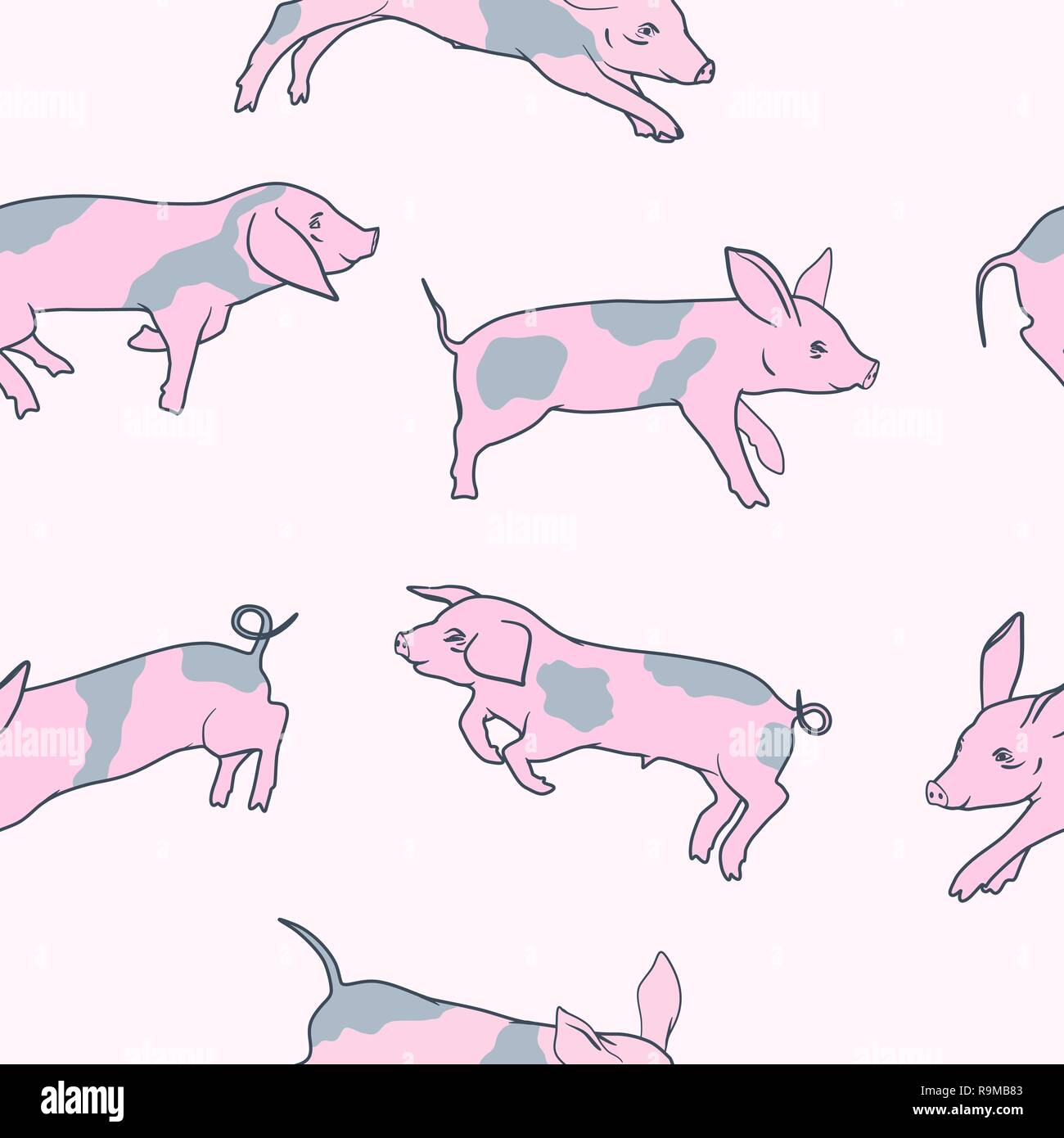 Pink spotted little funny pigs seamless pattern vector illustration ...