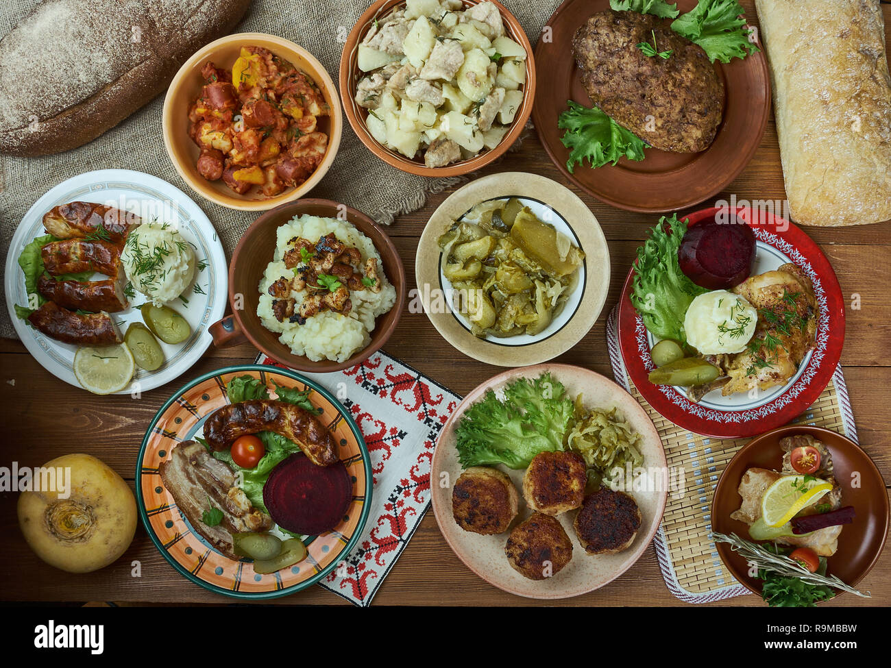 Danish homemade cuisine, Traditional assorted dishes, Top view Stock ...