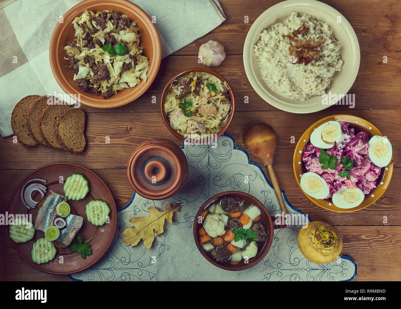 Estonian cuisine, Traditional assorted dishes, Top view Stock Photo - Alamy