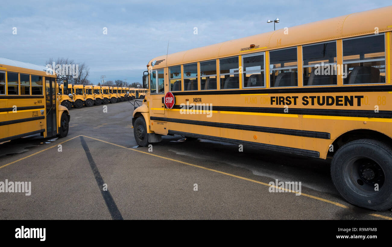 Chicago, USA. 25 December 2018. A fleet of First Student school buses ...
