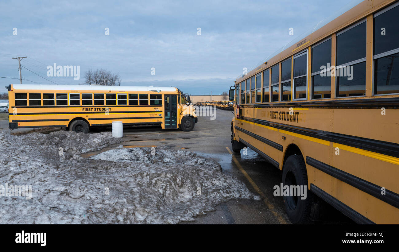 Chicago, USA. 25 December 2018. A fleet of First Student school buses ...