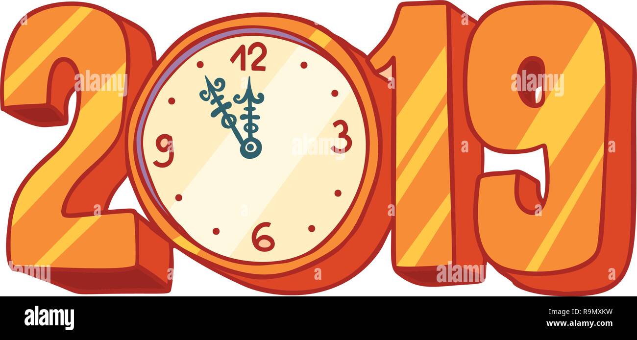 2019 new year clock. Pop art retro vector illustration kitsch vintage ...