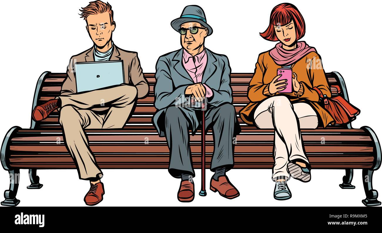 People Sit On The Bench Pensioner Woman And Man Pop Art Retro Vector Illustration Kitsch