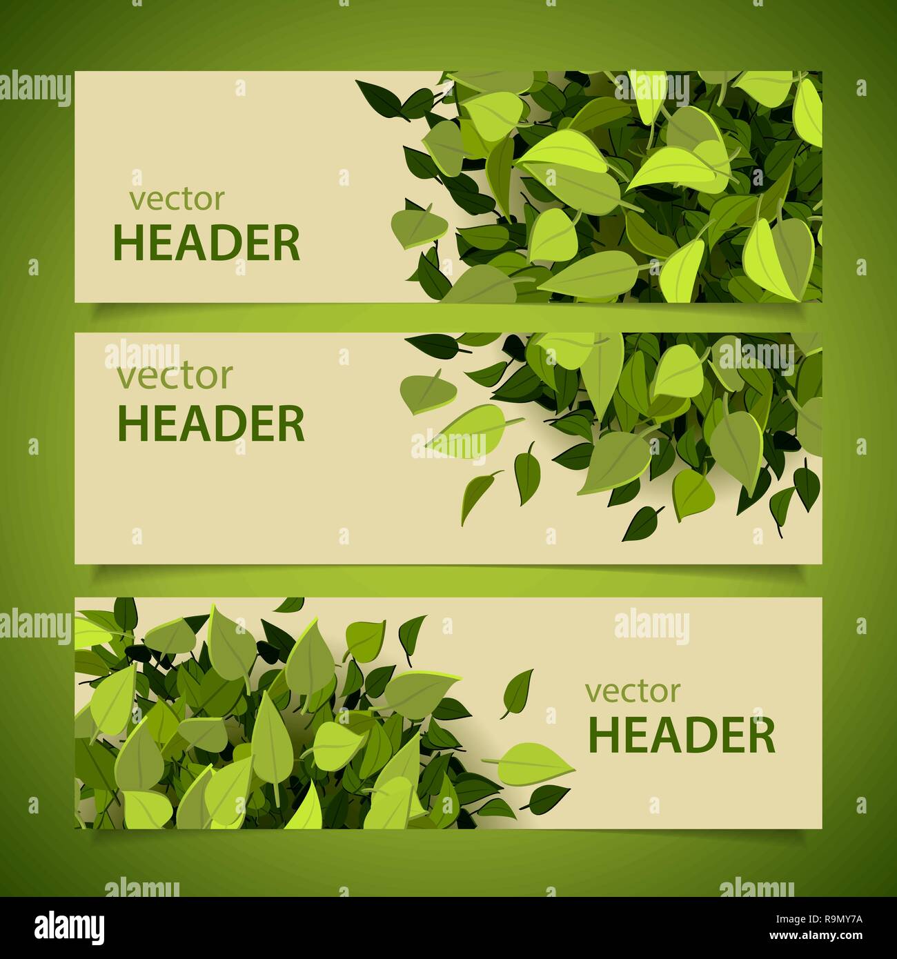 Set of green headers with leaves and banners, vector illustration Stock ...