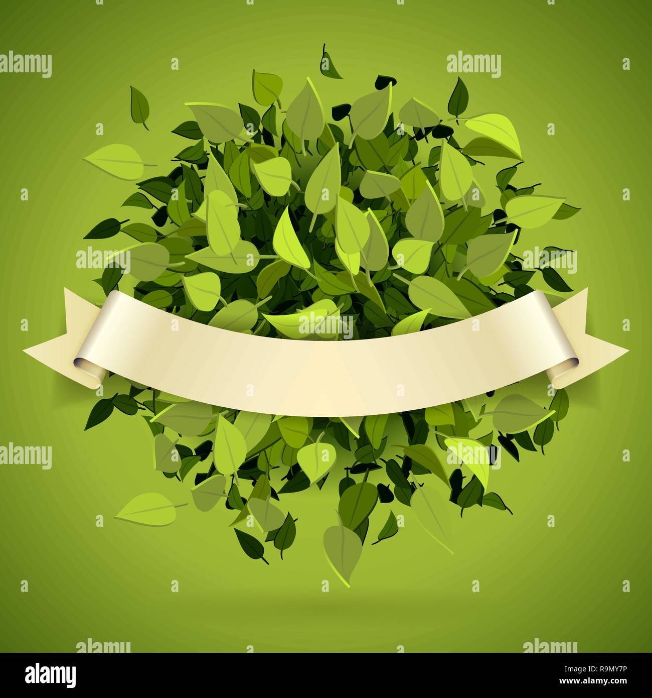 Abstract bright green leaves background with banner, vector ...