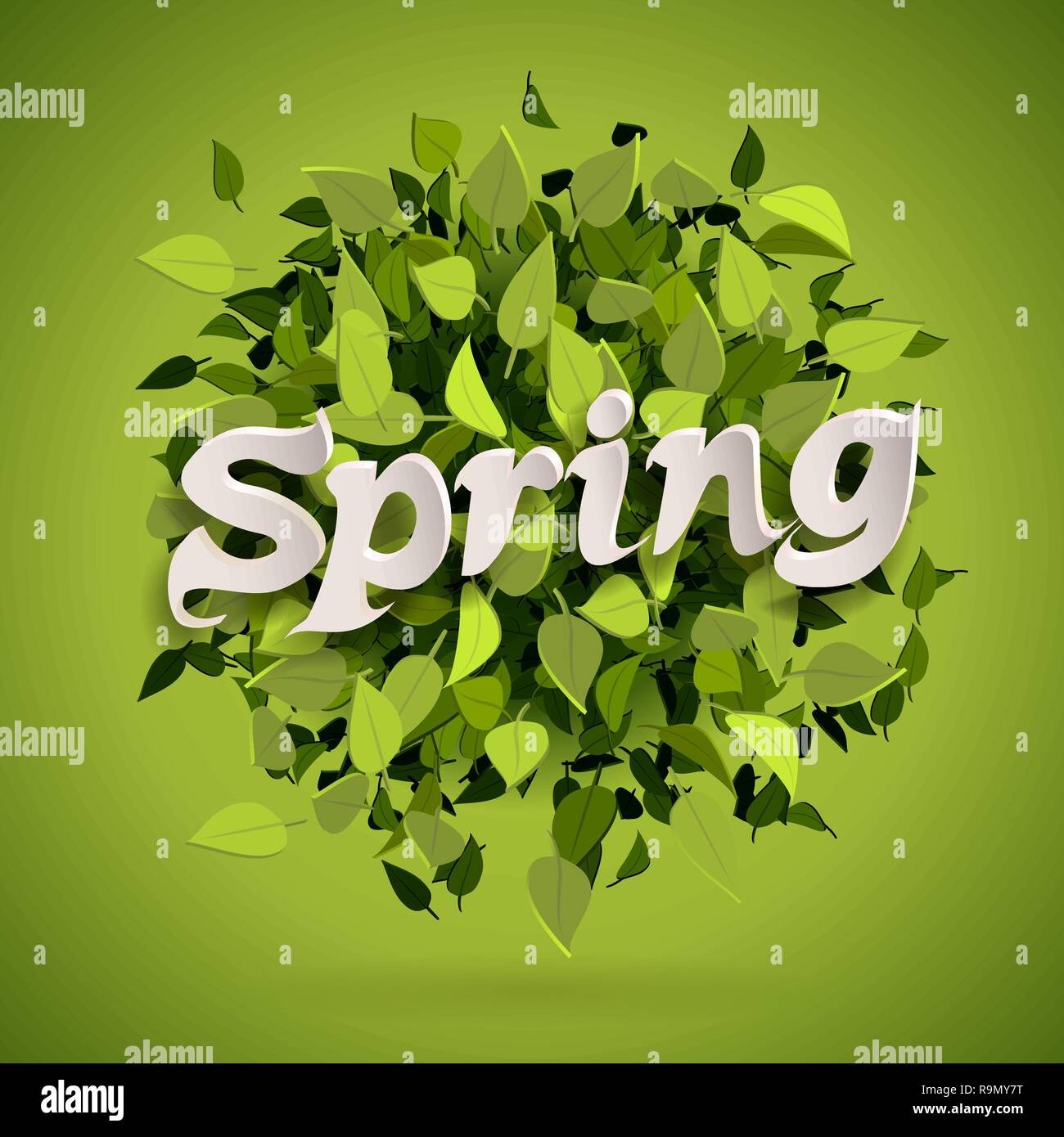Abstract bright green leaves background with spring letters, vector ...