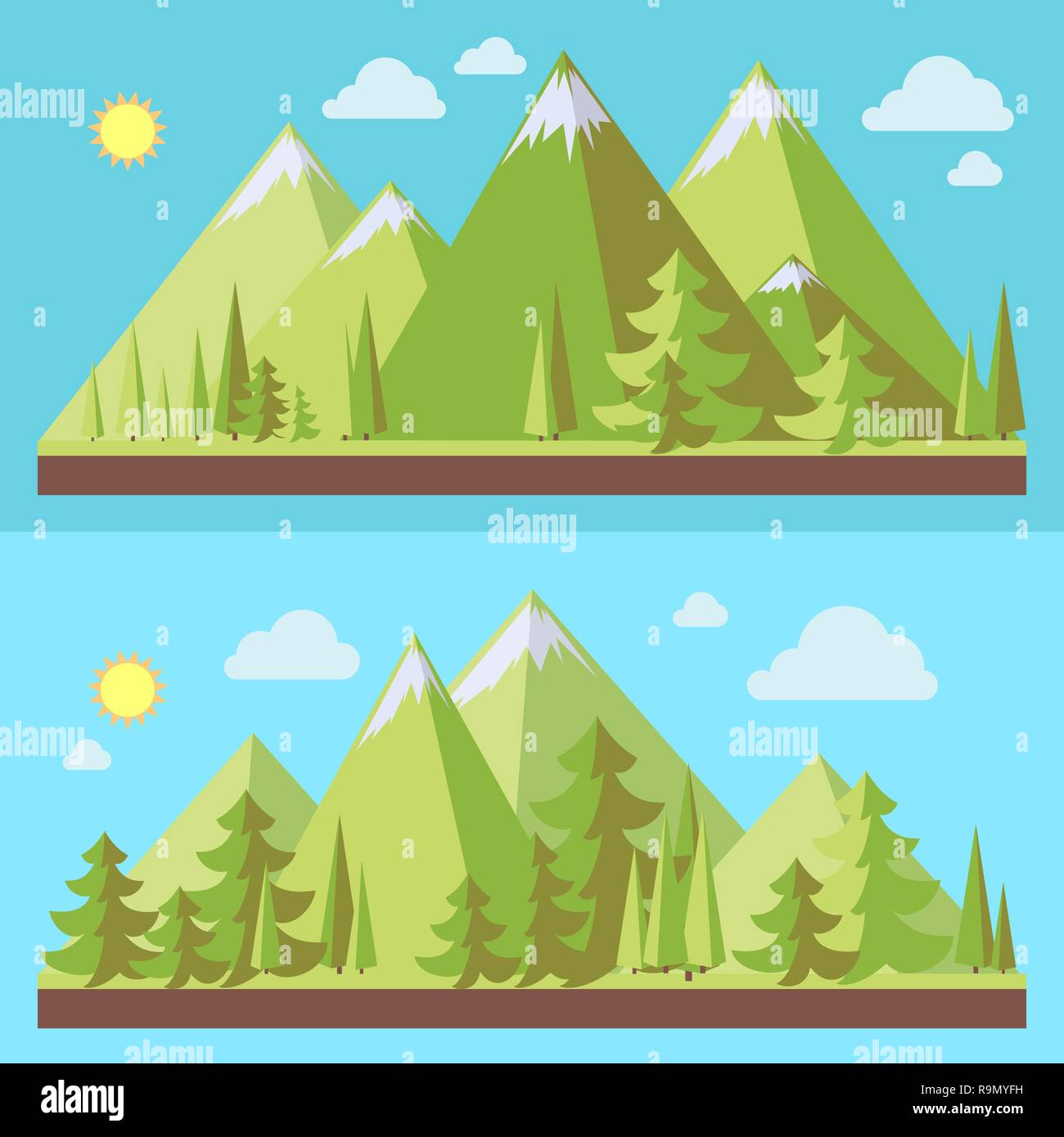 Mountain landscapes with pine trees in flat style, eco scenes, vector ...