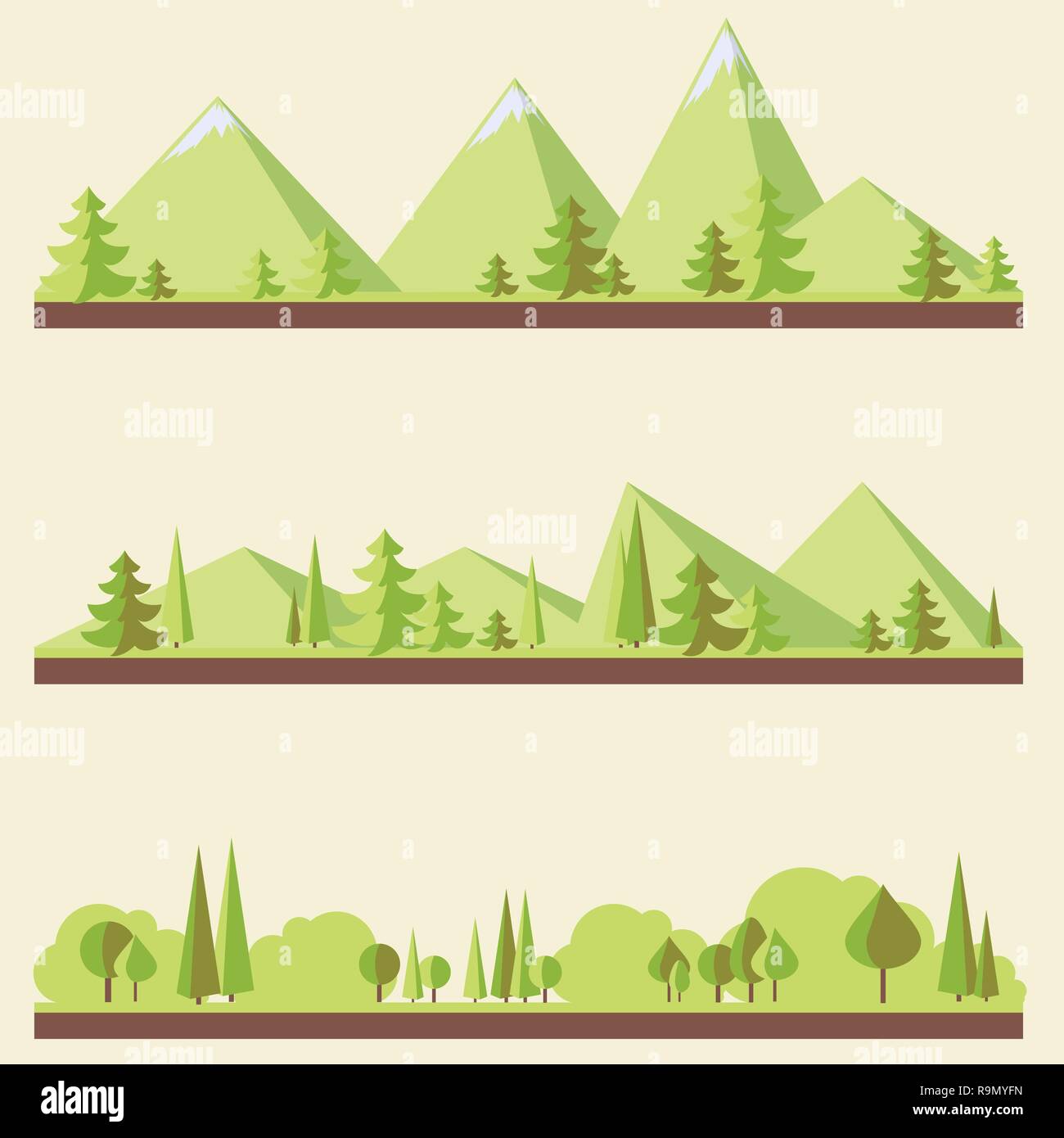 Mountain landscapes with trees in flat style, eco scenes, vector ...