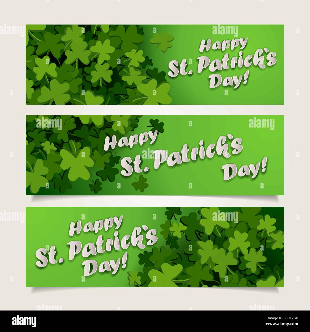 Set of green headers with clover leaves and banners for St. Patrick's ...