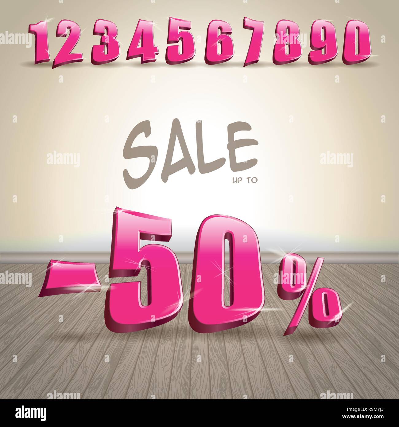 Numbers set in glittering pink metal modern style on the wooden floor ...