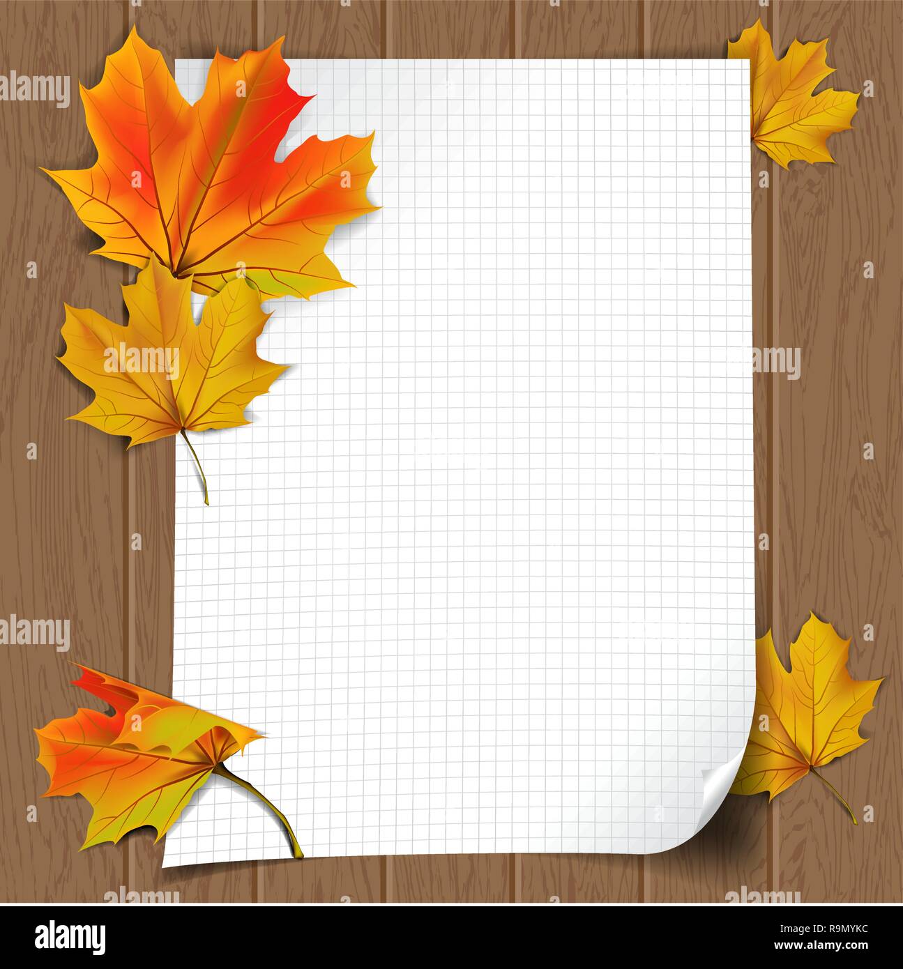 Autumn background with colored leaves and paper on wooden board, vector ...