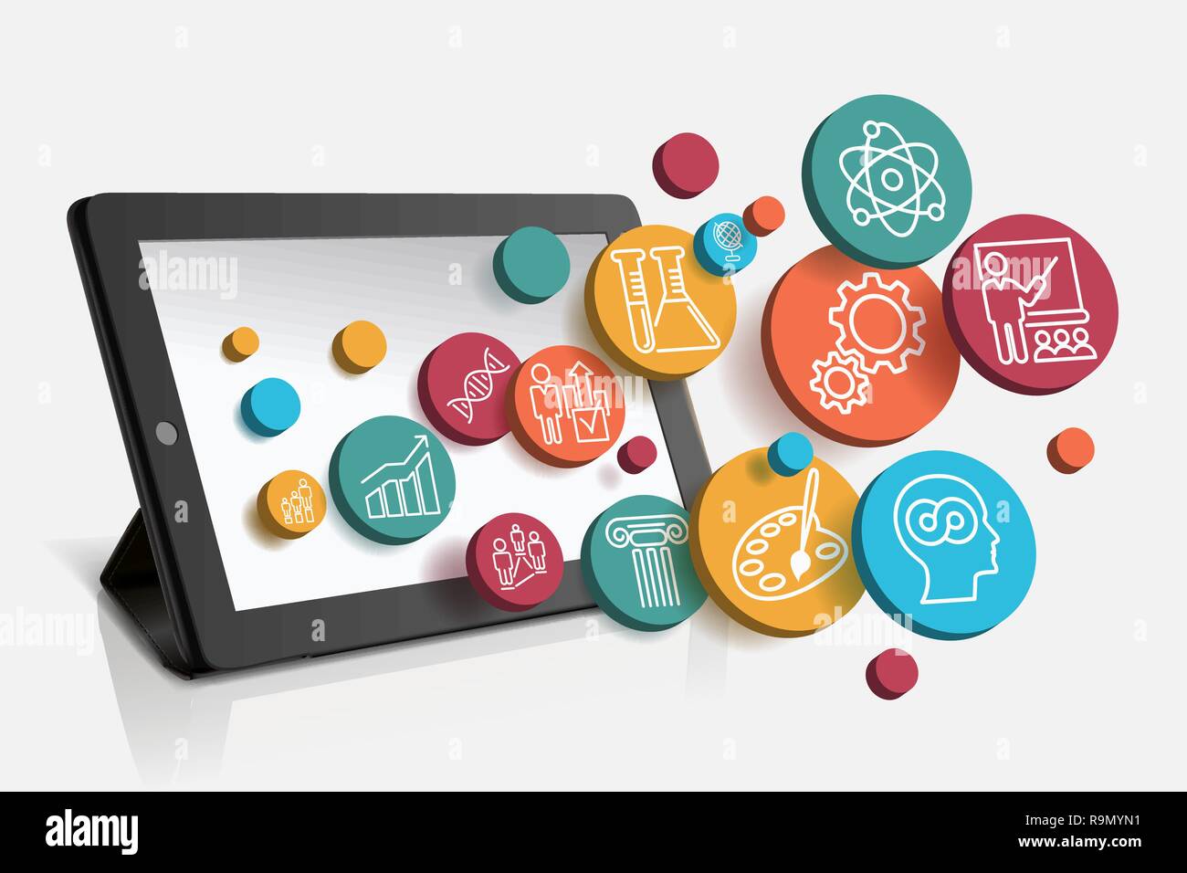 Tablet with educational icons, technology background, vector ...