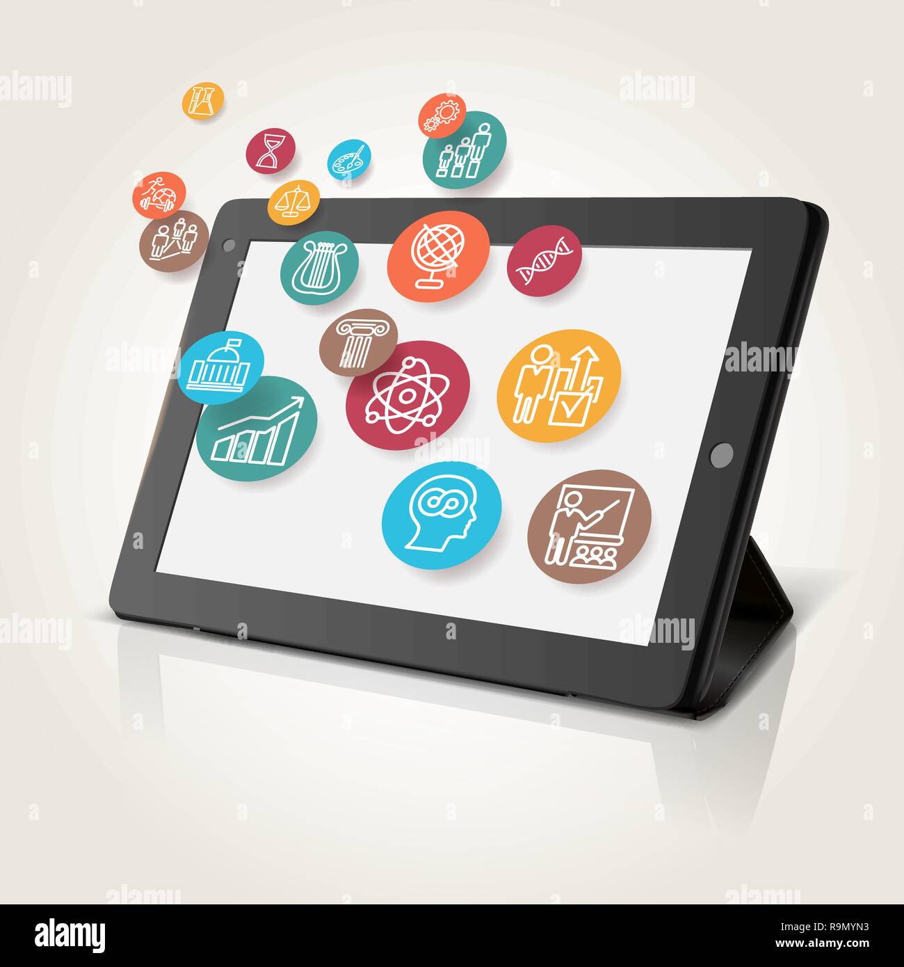 Tablet with educational icons, technology background, vector ...