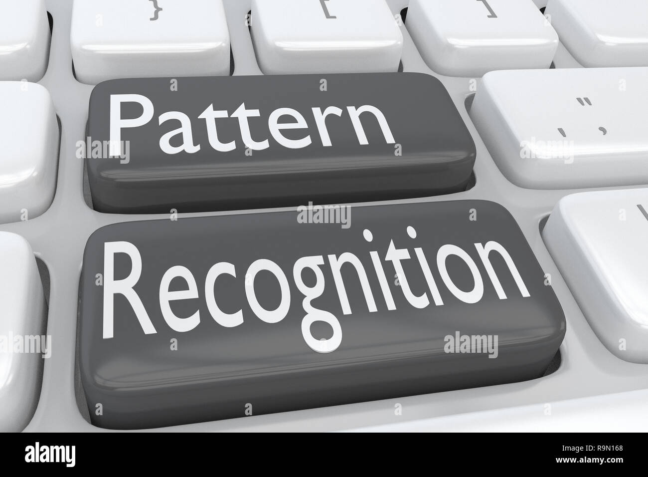 3D illustration of computer keyboard with the print Pattern Recognition on two adjacent gray ...