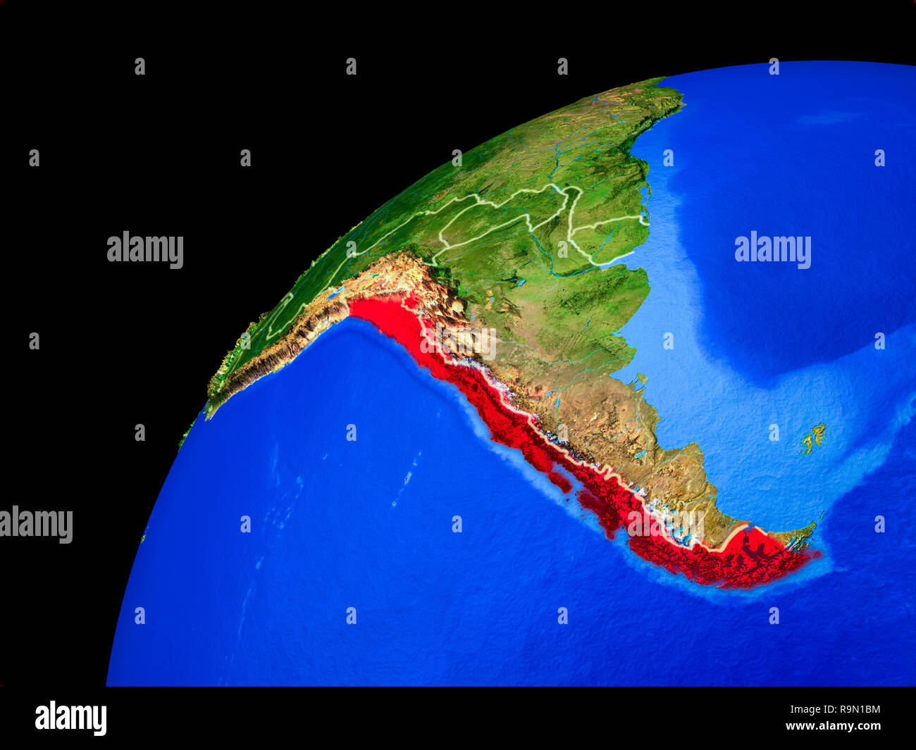 Chile from space. Planet Earth with country borders and extremely high ...