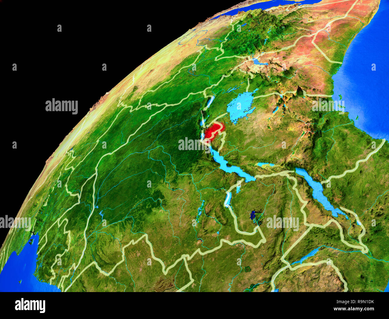 Rwanda from space. Planet Earth with country borders and extremely high ...