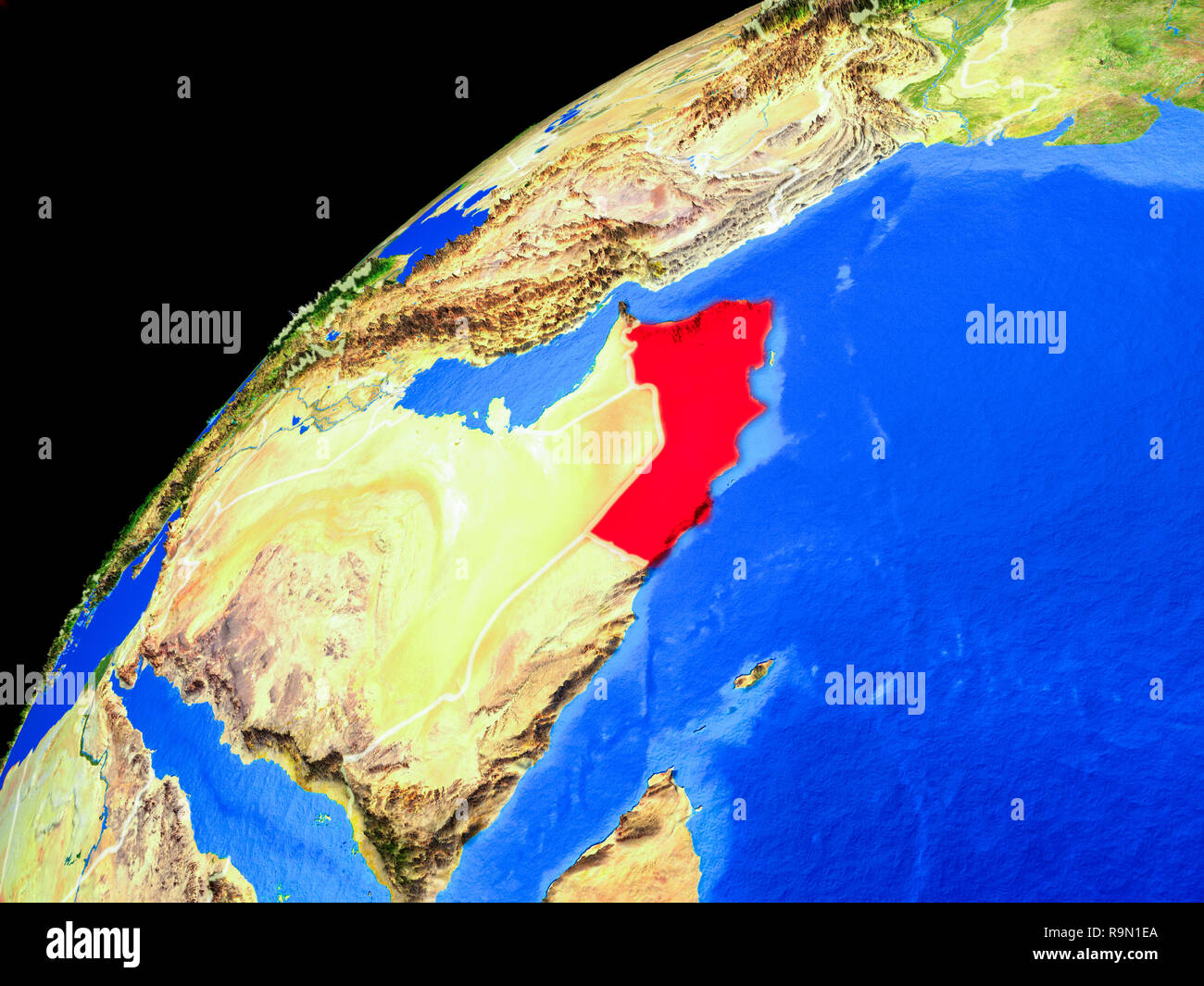 Oman from space. Planet Earth with country borders and extremely high ...