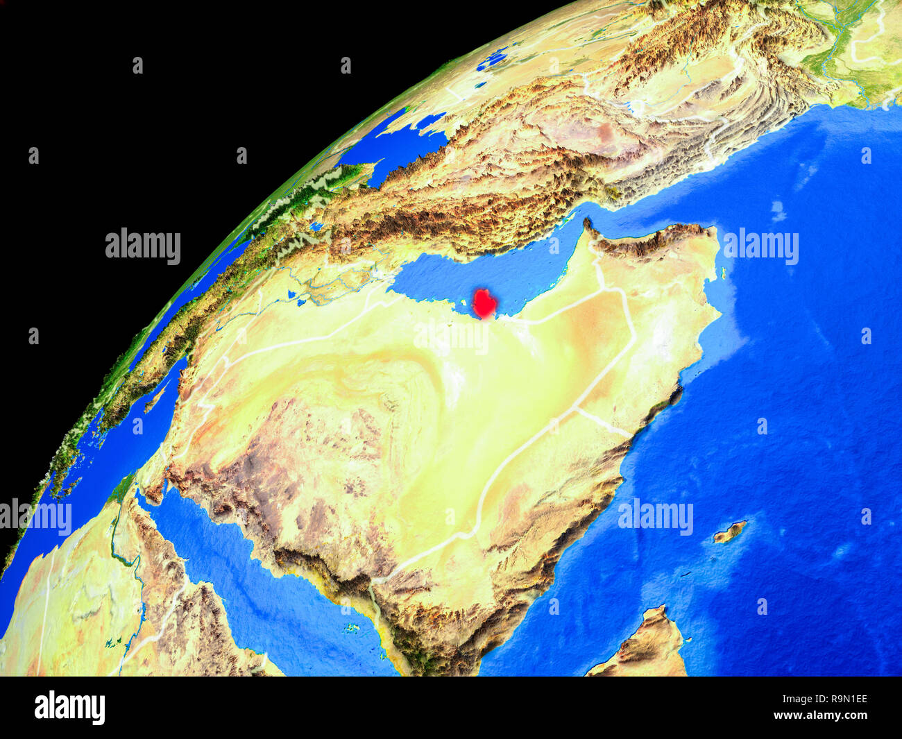 Qatar from space. Planet Earth with country borders and extremely high ...
