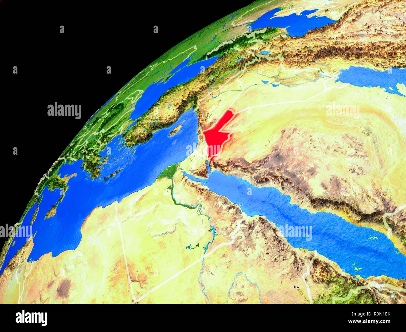 Jordan from space. Planet Earth with country borders and extremely high ...