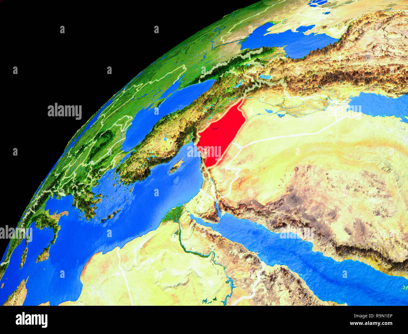 Syria from space. Planet Earth with country borders and extremely high ...