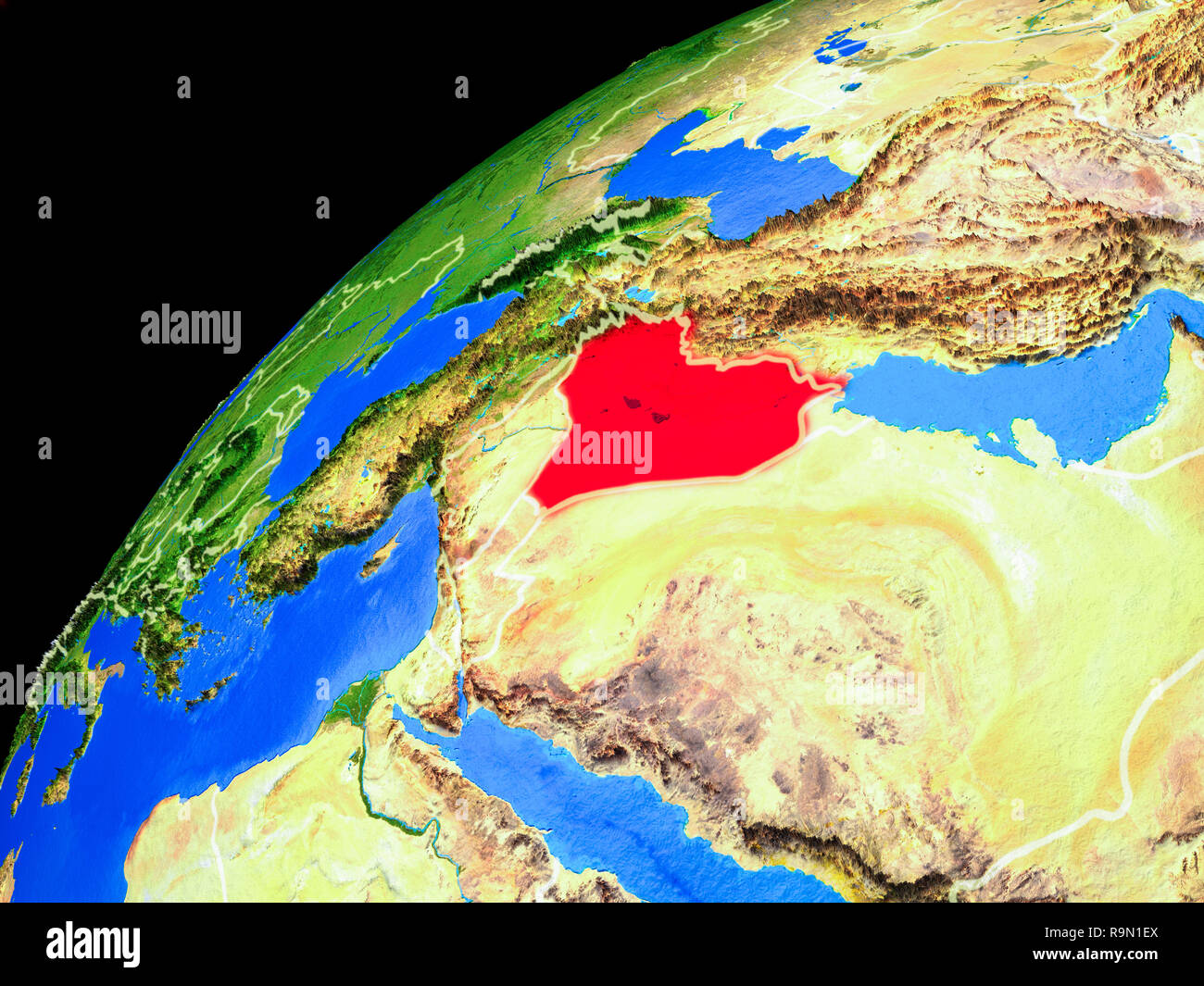 Iraq from space. Planet Earth with country borders and extremely high ...