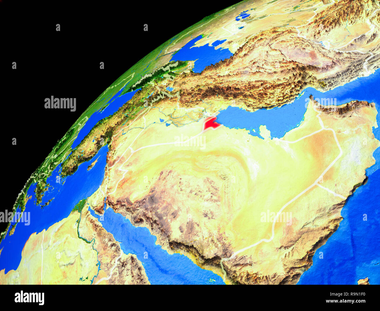 Kuwait from space. Planet Earth with country borders and extremely high ...
