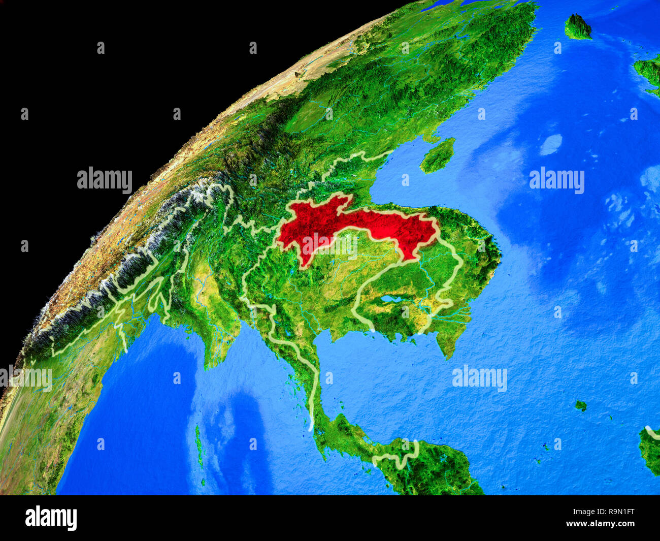Laos from space. Planet Earth with country borders and extremely high ...