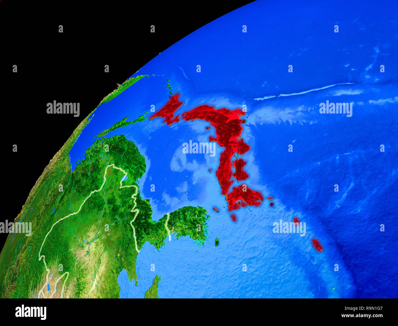 Japan from space. Planet Earth with country borders and extremely high ...
