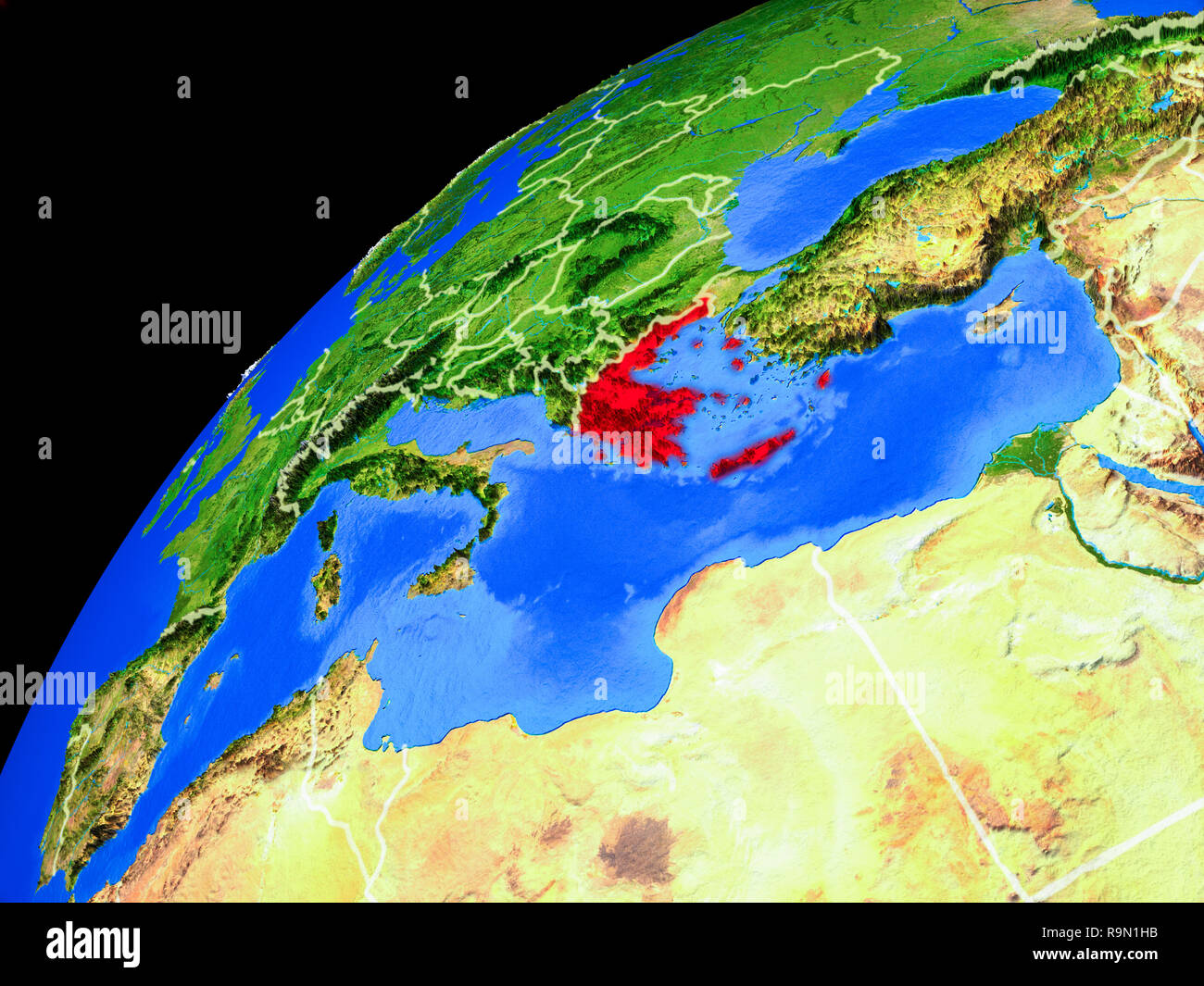 Greece from space. Planet Earth with country borders and extremely high ...