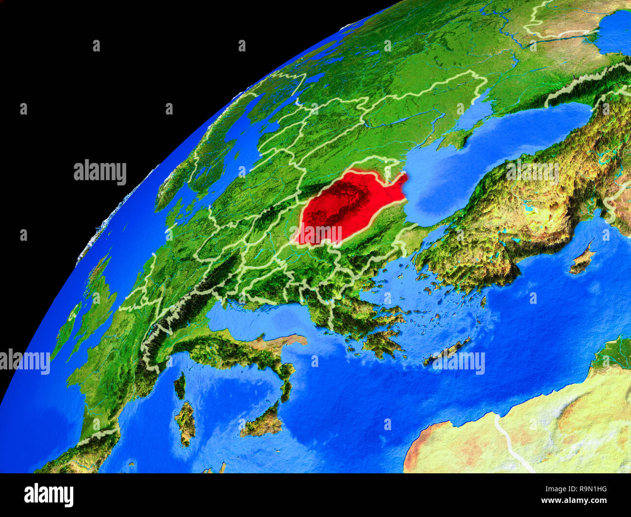 Romania from space. Planet Earth with country borders and extremely ...