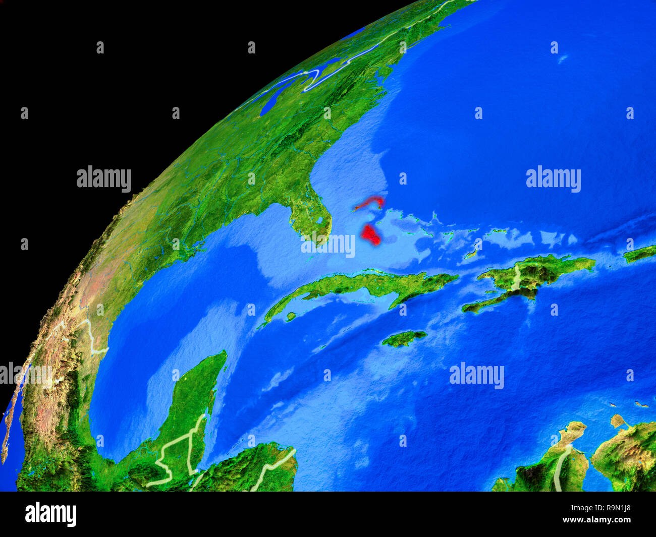 Bahamas from space. Planet Earth with country borders and extremely ...