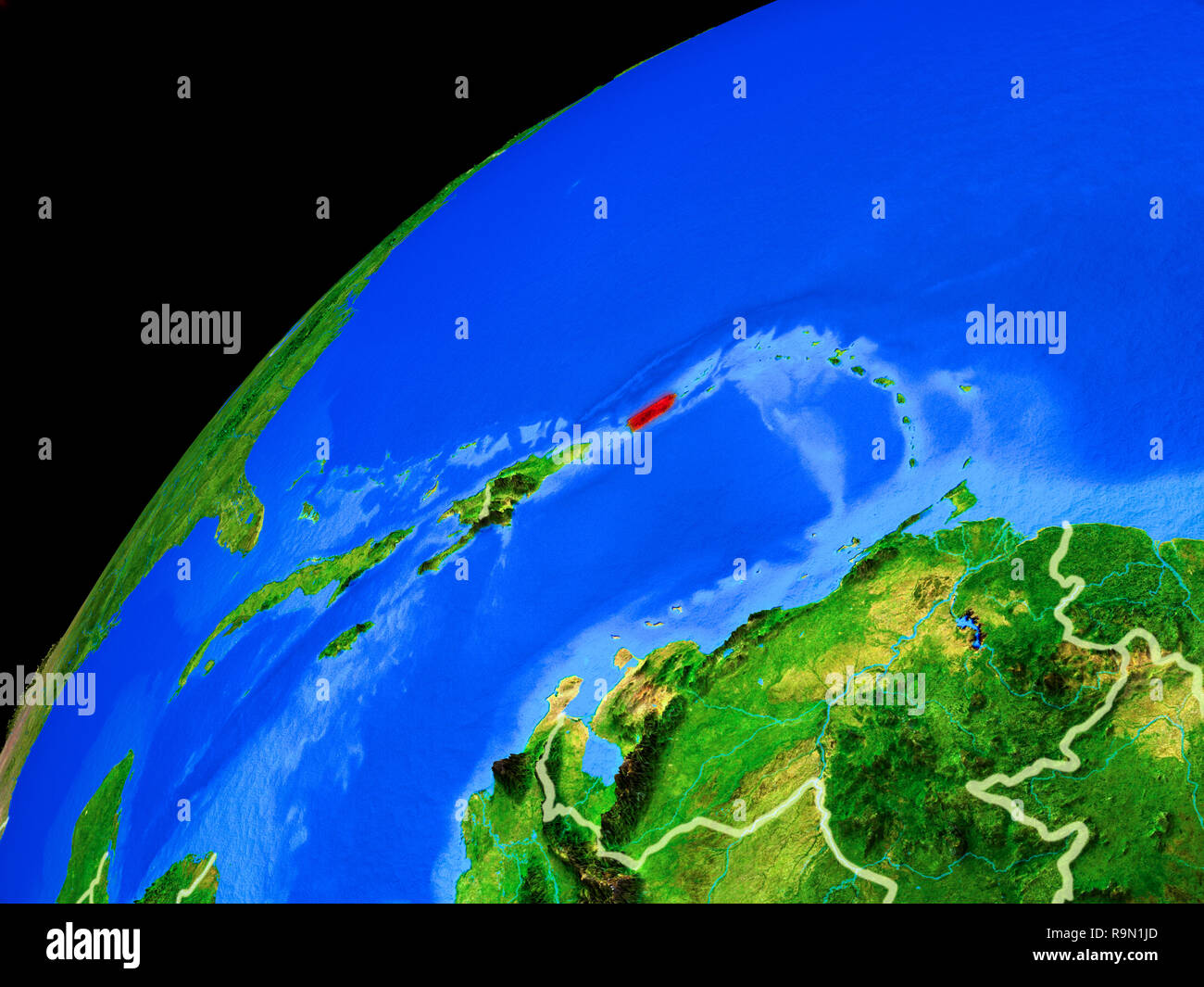 Puerto Rico from space. Planet Earth with country borders and extremely ...