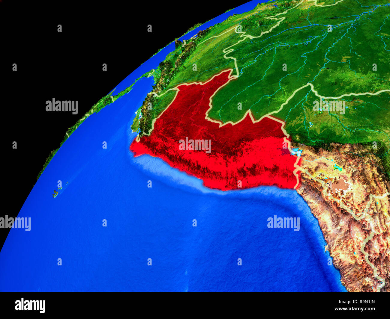 Peru from space. Planet Earth with country borders and extremely high ...