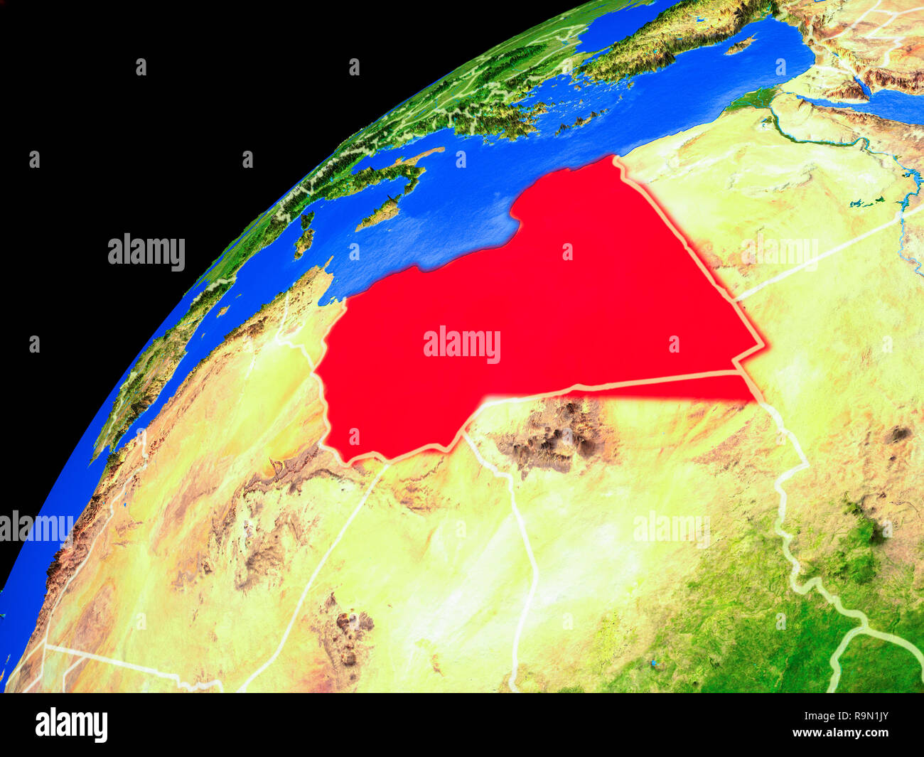 Libya from space. Planet Earth with country borders and extremely high ...